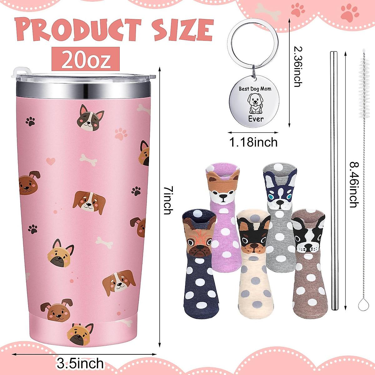 Sliner Dog Lover Gifts for Women 20 oz Pet Mom Gift Set Lid Straw Cup 5 Pairs Cute Socks and Best Dog Mom Ever Keychain for Women, Friend Birthday Mother's Day