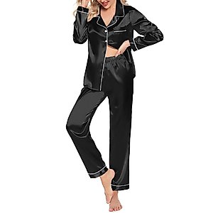Samring Womens Silk Satin Pajamas Long Sleeve Loungewear Two-Piece Sleepwear Button-Down Pj Set Black XL