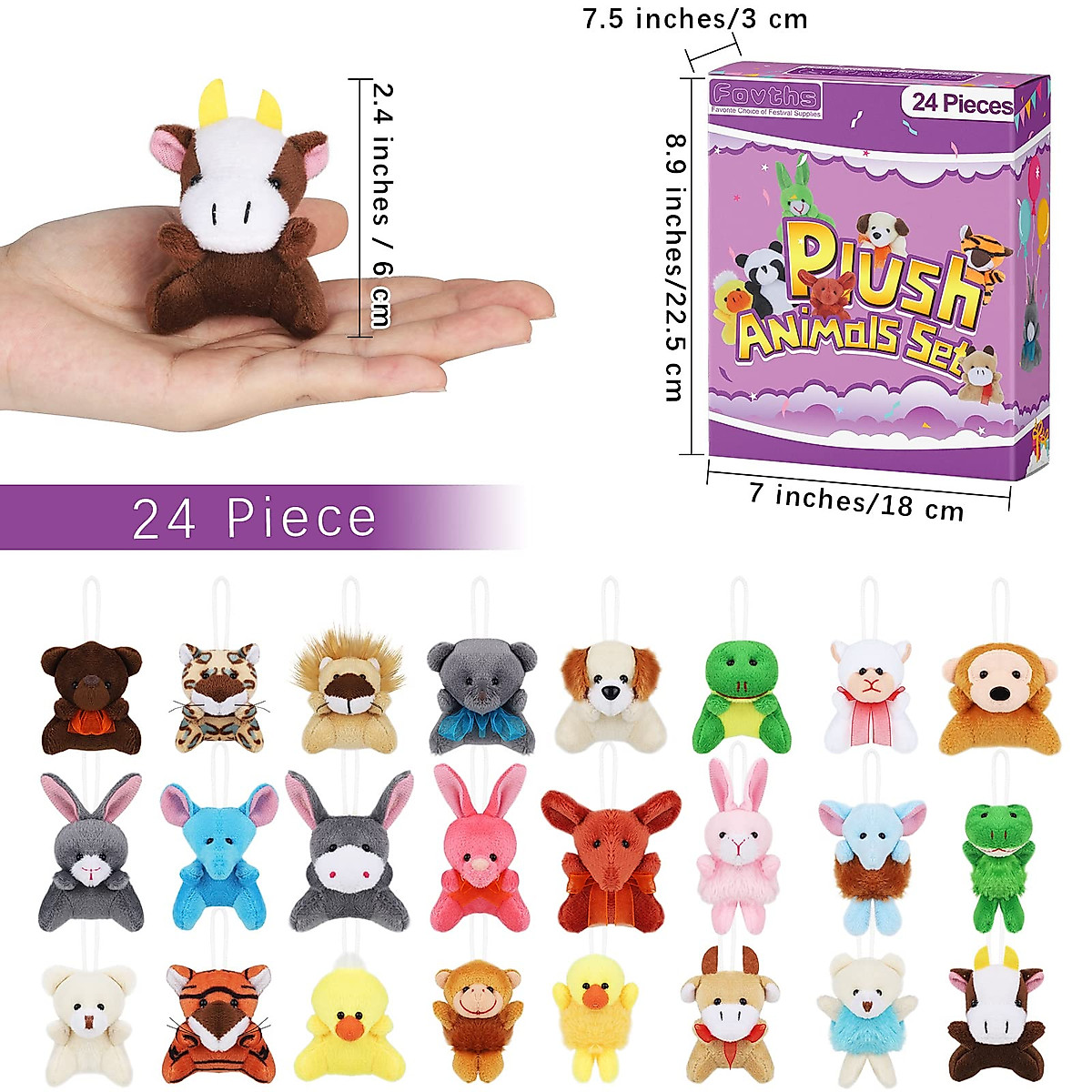 Fovths 24 Pieces Mini Plush Animals Toys Set Cute Small Stuffed Animal Keychain Set for Easter Hunts, Basket Stuffers, Easter Party Favor, Goodie Bag Fillers, 2.4 Inches
