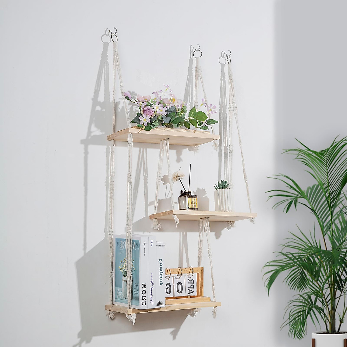 Ziluce 3-Tier Macrame Wall Hanging Shelf, Large Boho Wall Shelf, Boho Book Shelf, for Boho Wall Decor in Living Room, Bedroom, Bathroom