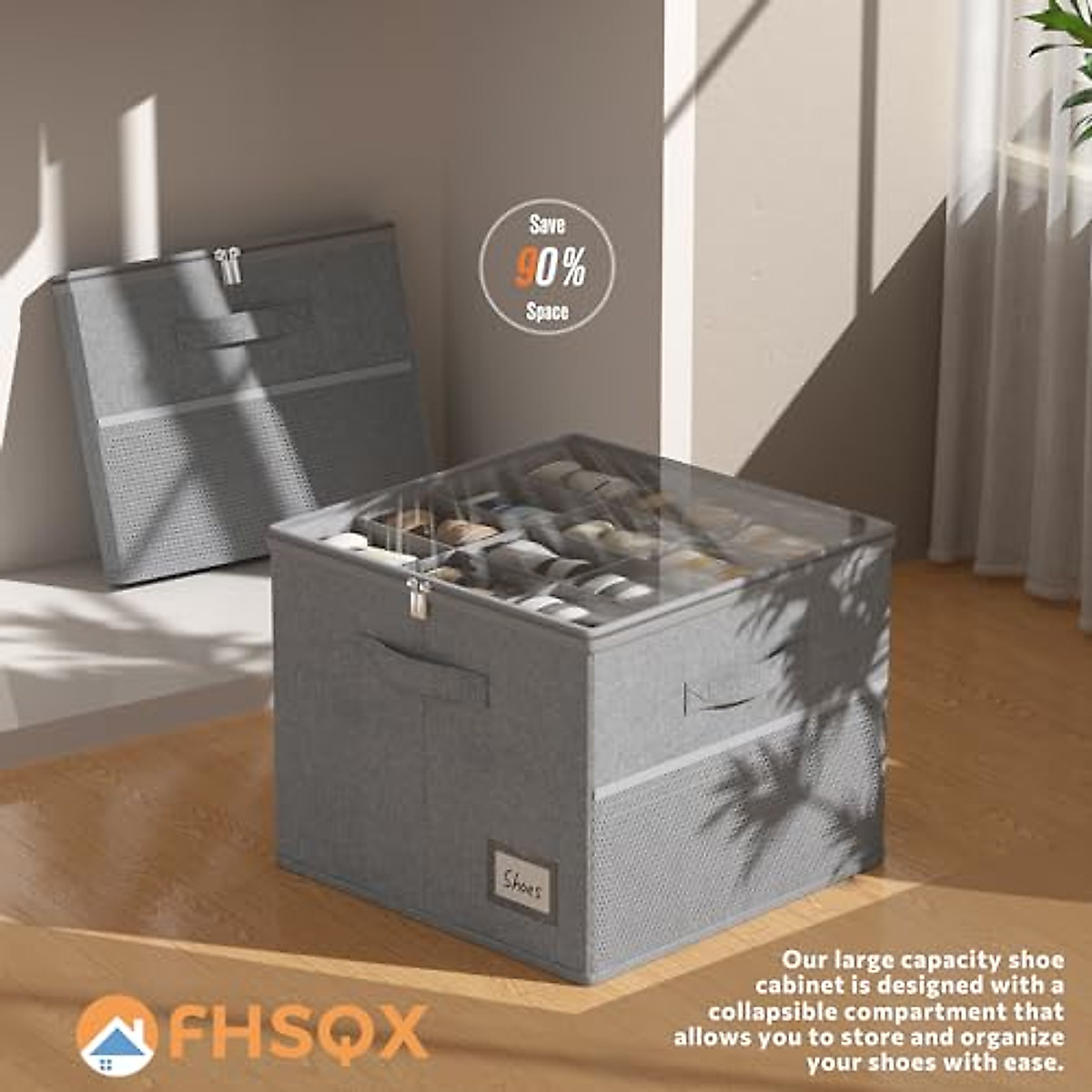 Shoe Organizer for Closet with Fabric Shoe Storage Bins - Clear Cover, Adjustable Dividers, and Foldable Bottom Support for 12 Pairs in Clear Storage Containers (Grey, (15.7 * 15.4 * 12.6) x1)