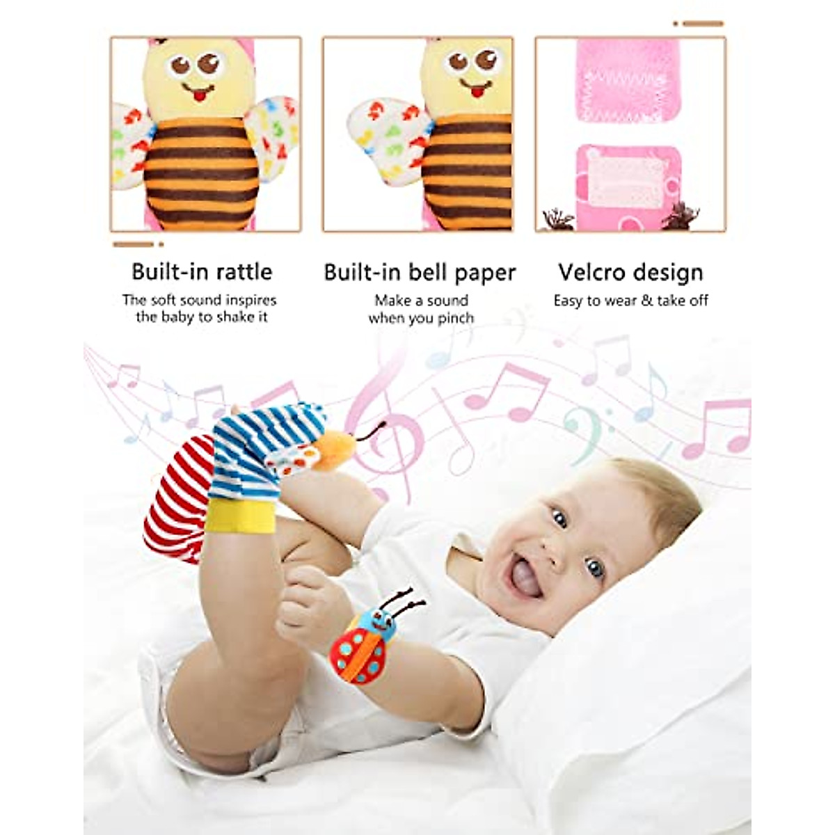 Newborn Baby Soft Rattle, Hand Bracelet Wrist Rattle Toy Foot Finder Sock, Arm Leg Babies Development Toys for Infant Bebe Boy & Girl (MG-8 PCS)