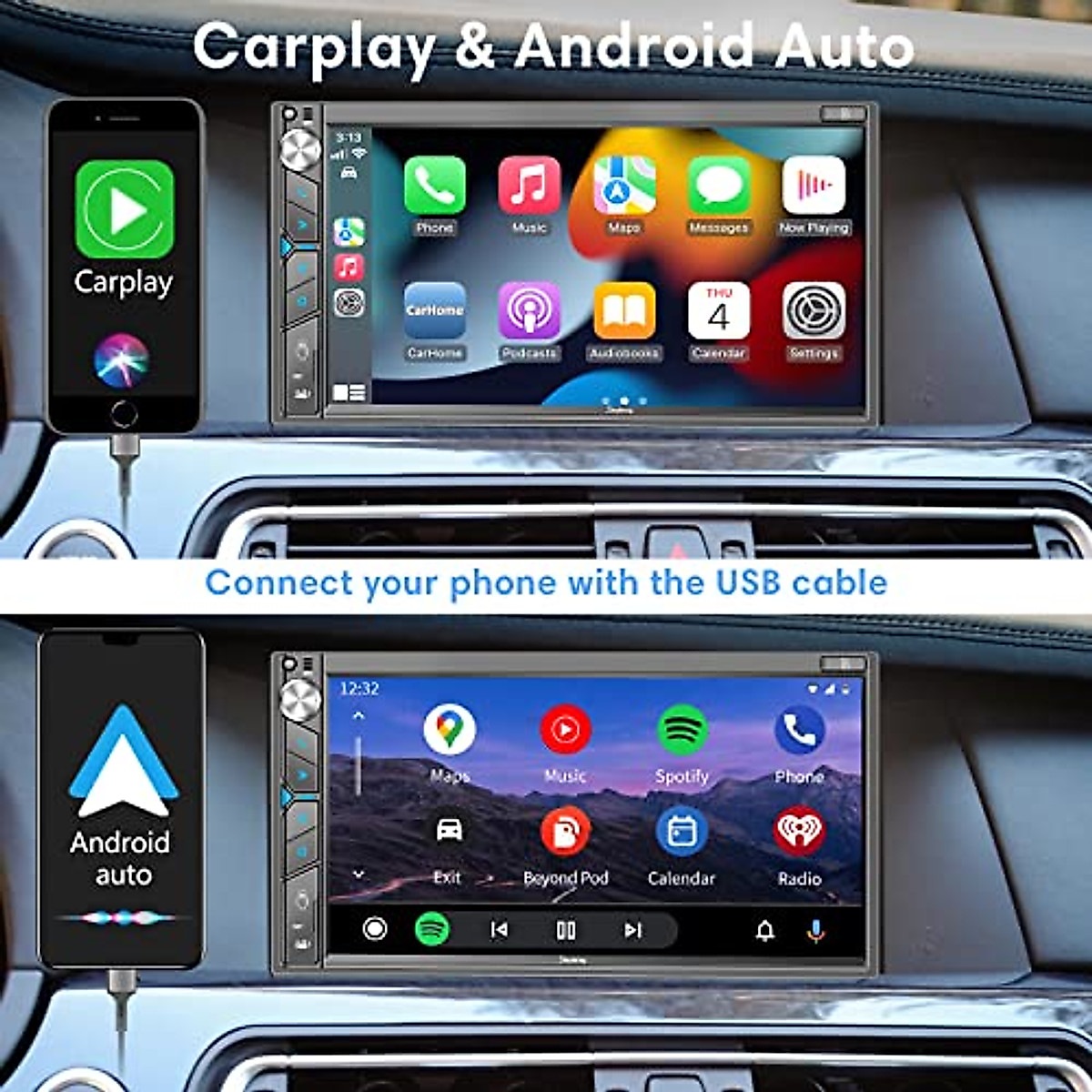 7" Double Din Car Stereo with Dash Cam, Supporting Carplay, Android Auto, Bluetooth, AHD Backup Camera, Full HD Touchscreen, Mirror Link, Subw, USB/TF/AUX, AM/FM Car Radio