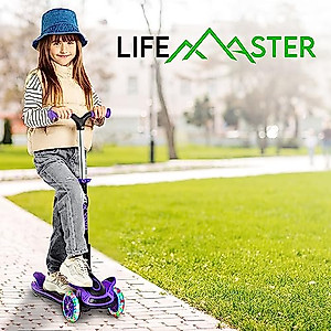 Kids Scooter – Foldable Seat – LED Wheel Lights Illuminate When Rolling – Children and Toddler 3 Wheel Kick Scooter – Adjustable Handlebar – Indoor and Outdoor- Purple - by Lifemaster