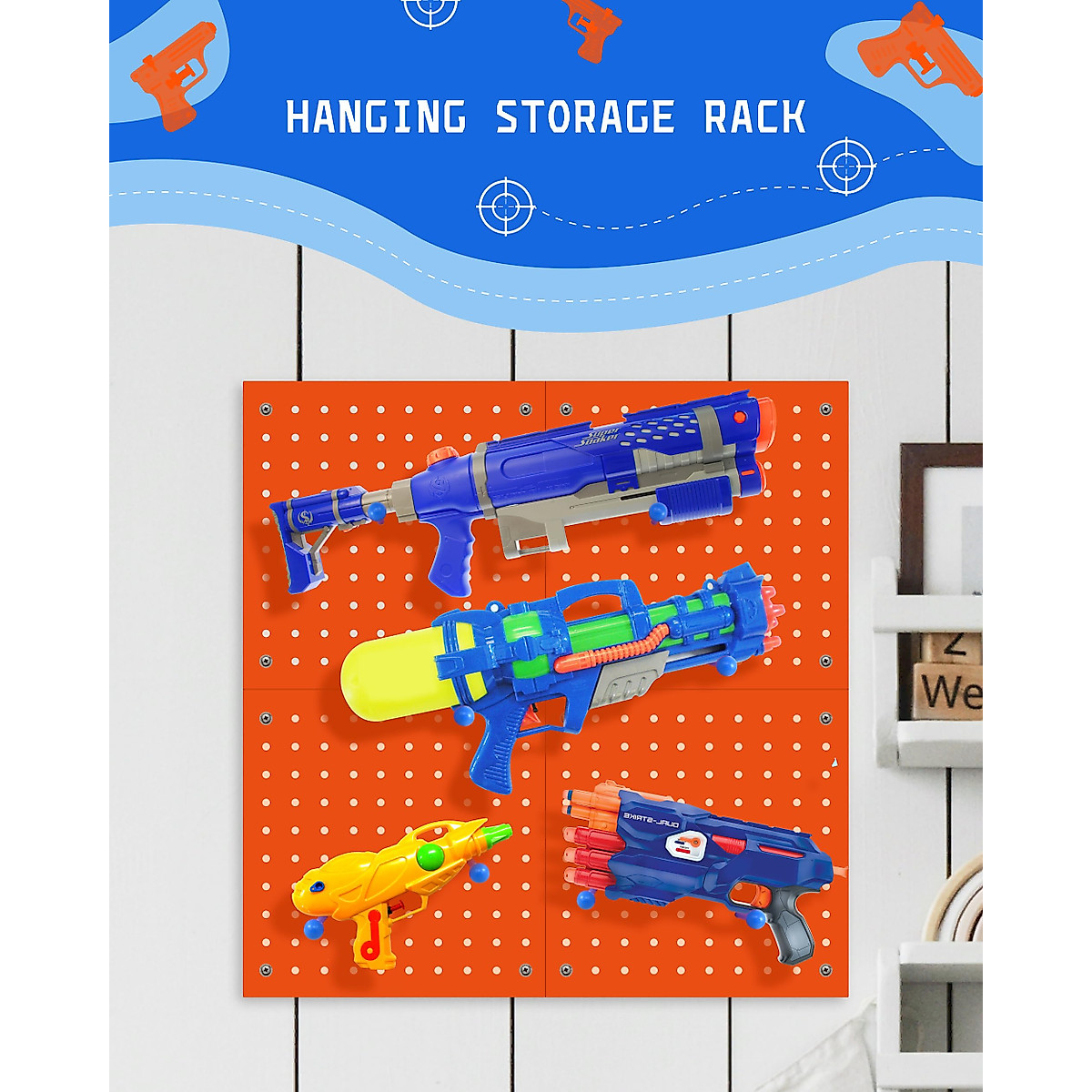 Skywin Peg Board for Nerf Gun Storage Organizer - Hanging Holder Compatible with All Blasters Nerf Gun Rack Organizer for Wall Organization (Orange)