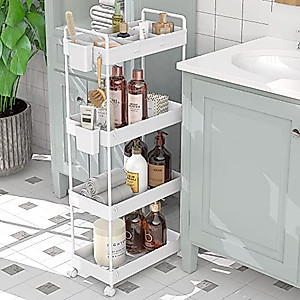 Ronlap Slim Storage Cart, 4 Tier Utility Rolling Cart with Wheels Mobile Slide Out Storage Organizer Cart with Handle Hanging Cups Dividers for Bathroom Laundry Room Kitchen Office Narrow Place, White