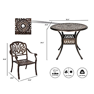 TITIMO 5-Piece Cast Aluminum Outdoor Patio Dining Set, 4 Pattern Chairs and 35.4" Round Table,Cast Aluminum Conversation Set with 2.2” Umbrella Hole (Without Cushions, 1 Round Table + 4 Chairs)