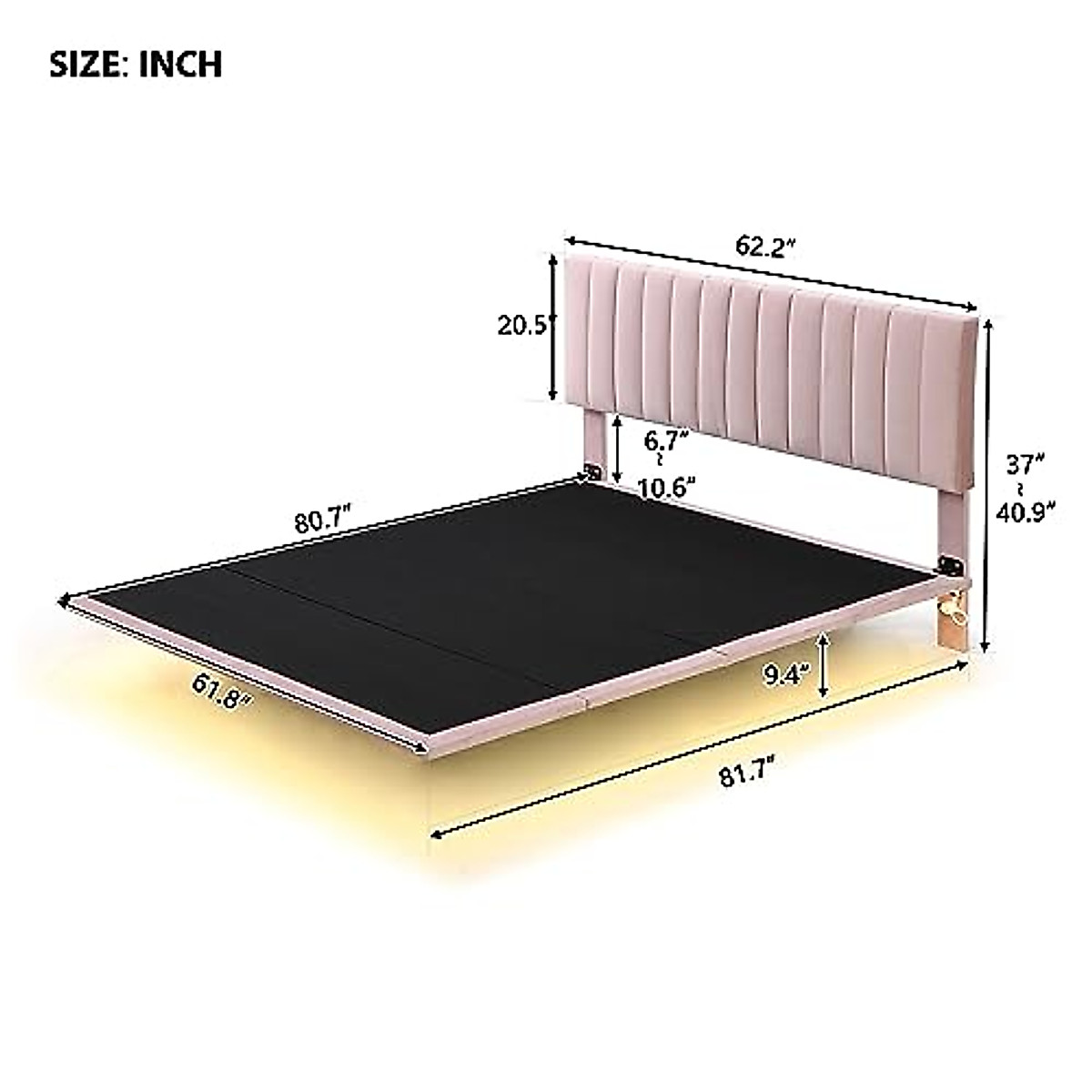 Livavege Queen Floating Bed Frame with LED Lights, Velvet Upholstered Platform Bed with Headboard for Bedroom, Modern Bedframe Queen Size with Spacious Under-Bed Storage, Easy Assembly