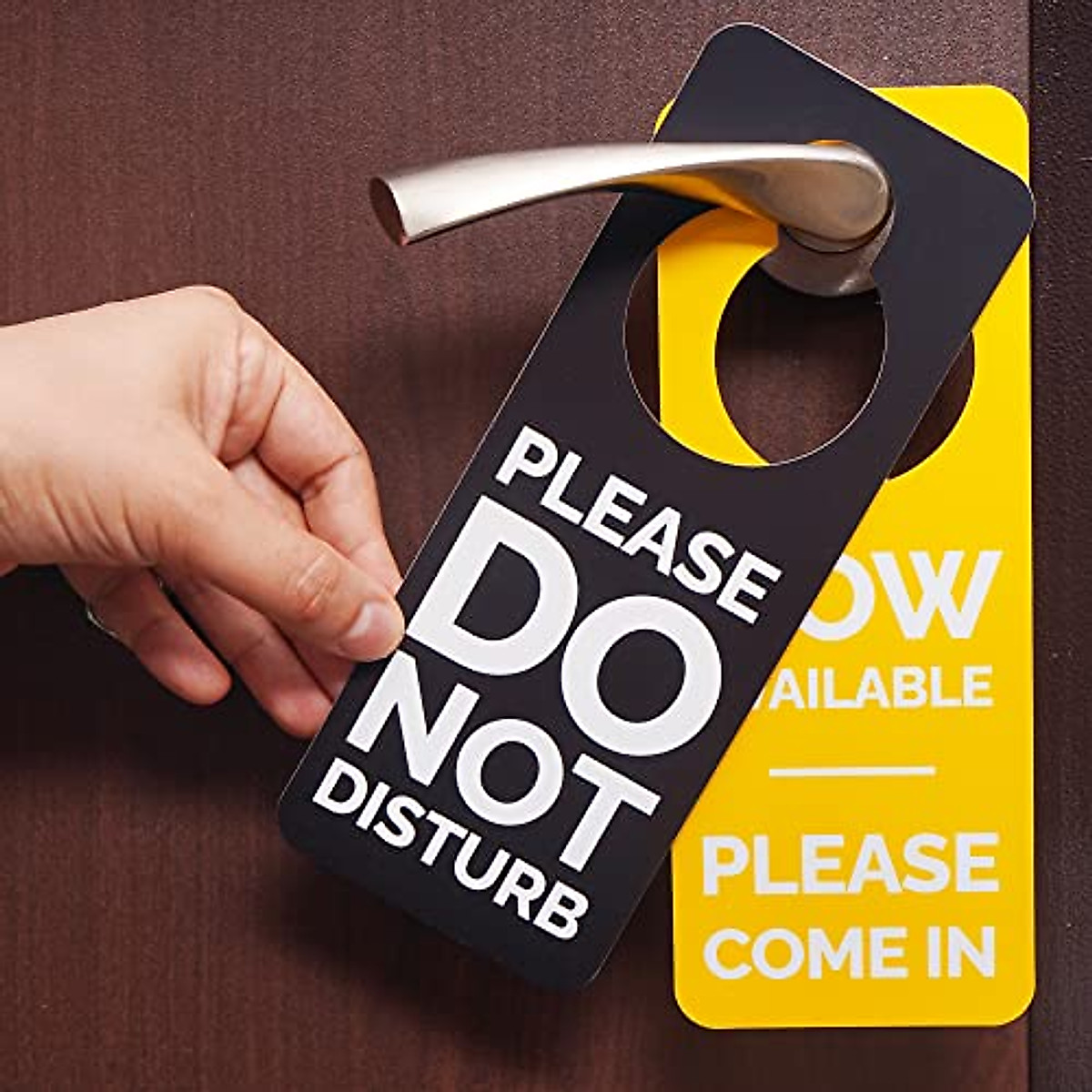 Do Not Disturb Door Hanger Sign 2 Pack Double Sided Black and Yellow, Please Do Not Disturb" and "Now Available- Please Come In". Ideal for Office Home Clinic Dorm Online Class and Meeting Sessions.