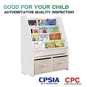 MallBest Childrens Bookshelf Kids Sling Book Rack with Two Storage Boxes and Toys Organizer Shelves Natural Solid Wood Baby Bookcase