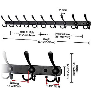 Dseap Coat Rack Wall Mount - 38” Long 10-Tri-Hooks Heavy Duty Coat Hanger Rail Wall Hooks for Hanging Coats Hats Clothing Clothes Purse Mudroom Entryway, Black