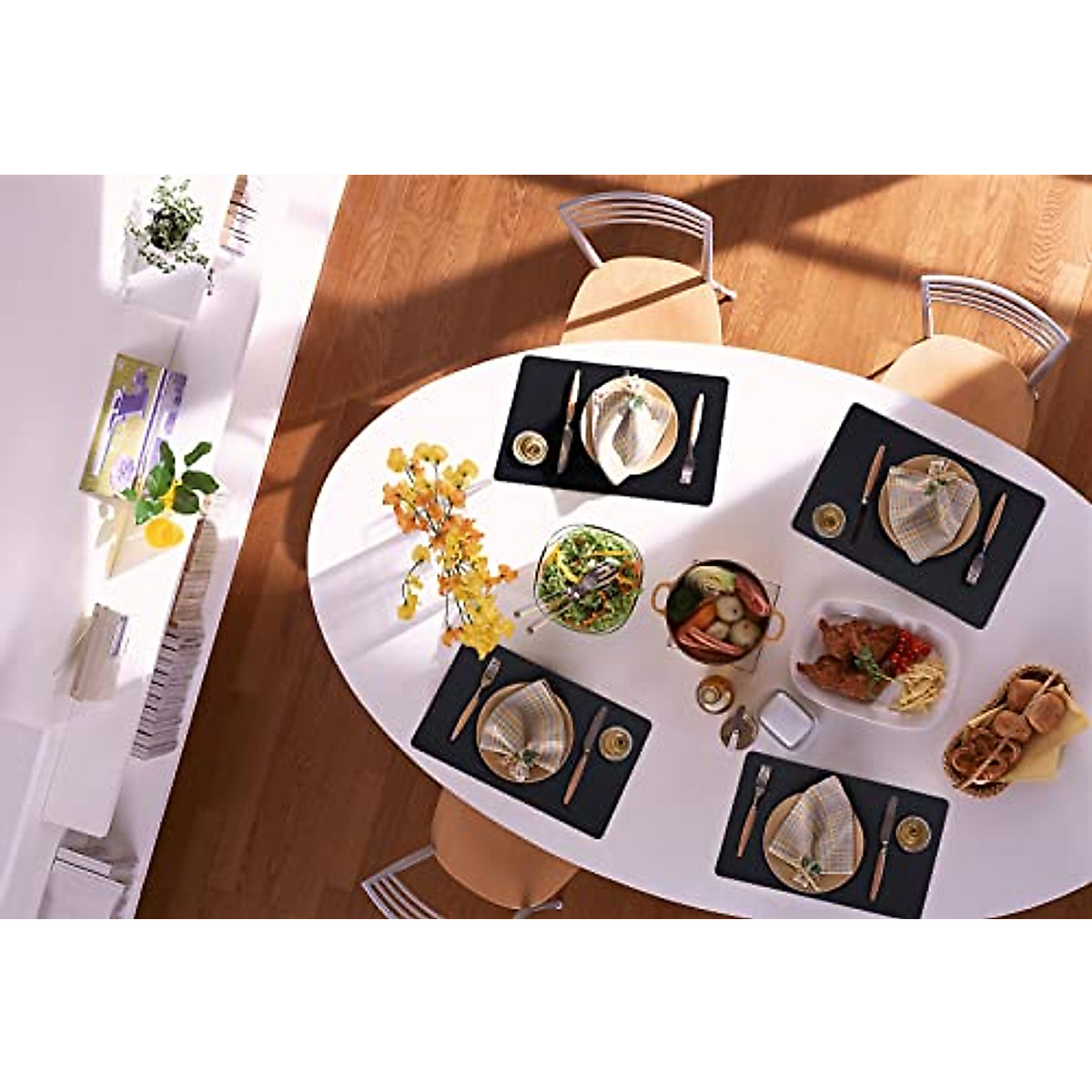 Vinjiasin Black Leather Placemats for Dining Table Set of 4, Waterproof Wipeable Placemats, Heat Resistant Non Slip Rectangle Indoor Place mats, Easy to Clean Christmas Decorations