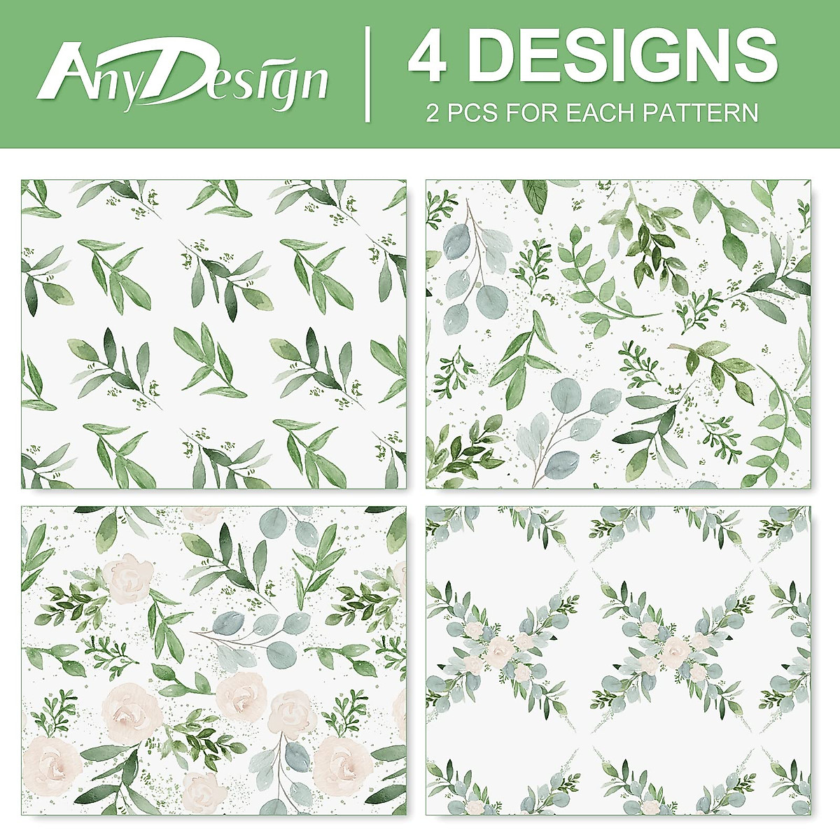 AnyDesign Greenery Wrapping Paper Watercolor Green Leaves Gift Wrap Bulk Eucalyptus Art for Wedding Baby Shower Bridal Spring DIY Crafts Packing, 8 Sheet, Folded Flat (A1767)