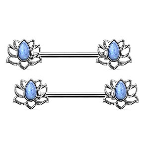 Body Accentz 14g Opal Lotus Ends Nipple Ring Nipple Bar 1.6mm Nipple Piercing Barbell (Blue)