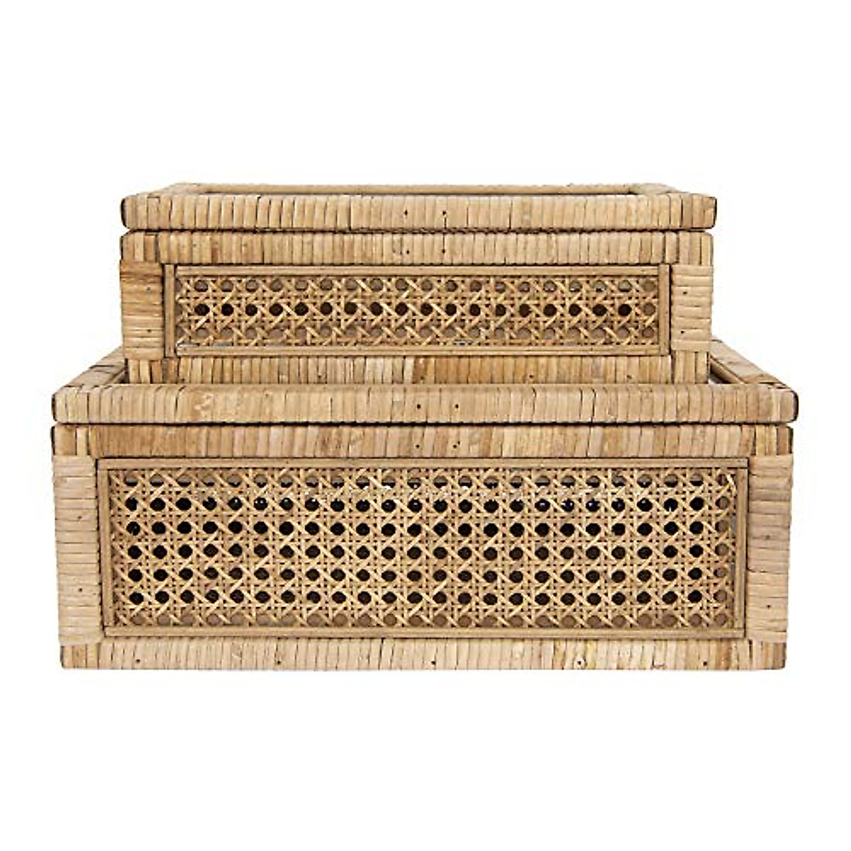 Creative Co-Op Cane and Rattan Display Boxes with Glass Lid, Set of 2
