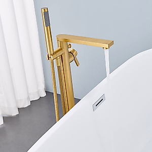 Wowkk Freestanding Bathtub Faucet Tub Filler Brushed Gold Floor Mount Brass Single Handle Bathroom Faucets with Hand Shower