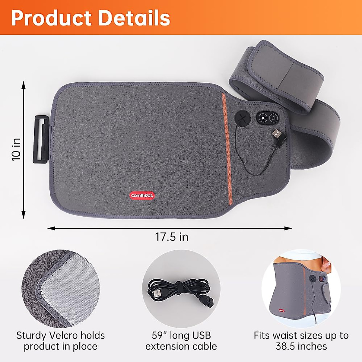 Comfheat Back Heating Pad with Vibration Massage for Lower Back Pain Relief USB Lumbar Heating Pads for Car Travel, Heated Waist Belt Warm Therapy Helpful for Lumbar Spine, Cramps (Non-Rechargeable)