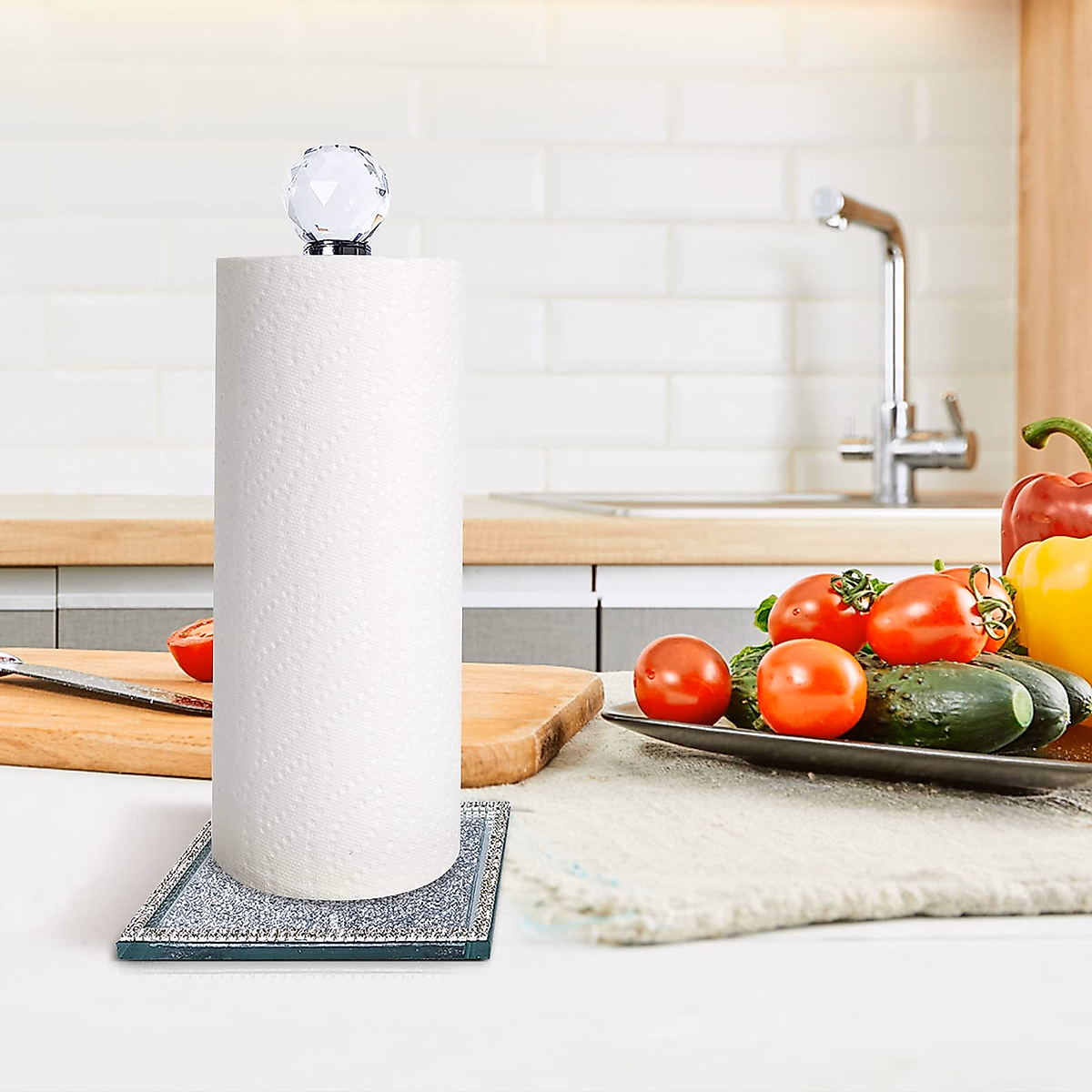 Paper Towel Holder Stand, Silver Countertop Paper Towel Roll Dispenser Holders with Square Base,Tissue Holder Filled with Sparkly Crystal Crushed Diamond House Decor for Kitchen Bathroom, Heavy Weight