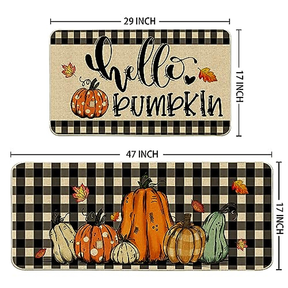 Cusugbaso Fall Kitchen Mats, Sunflower Kitchen Rugs Set of 2 - Farmhouse Plaid Pumpkins Fall Kitchen Decor for Floor - Fall Decorations for Home 17"x27+17"x47"