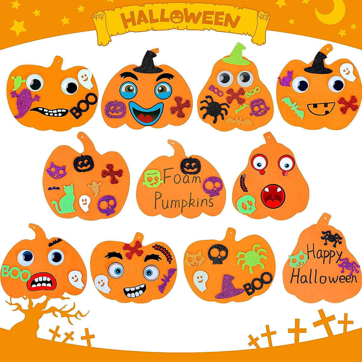 Max Fun 312PCS Halloween Pumpkin Foam Stickers, Halloween Craft Kit for Kids Bulk Glitter Set DIY Self-Adhesive Halloween Decoration