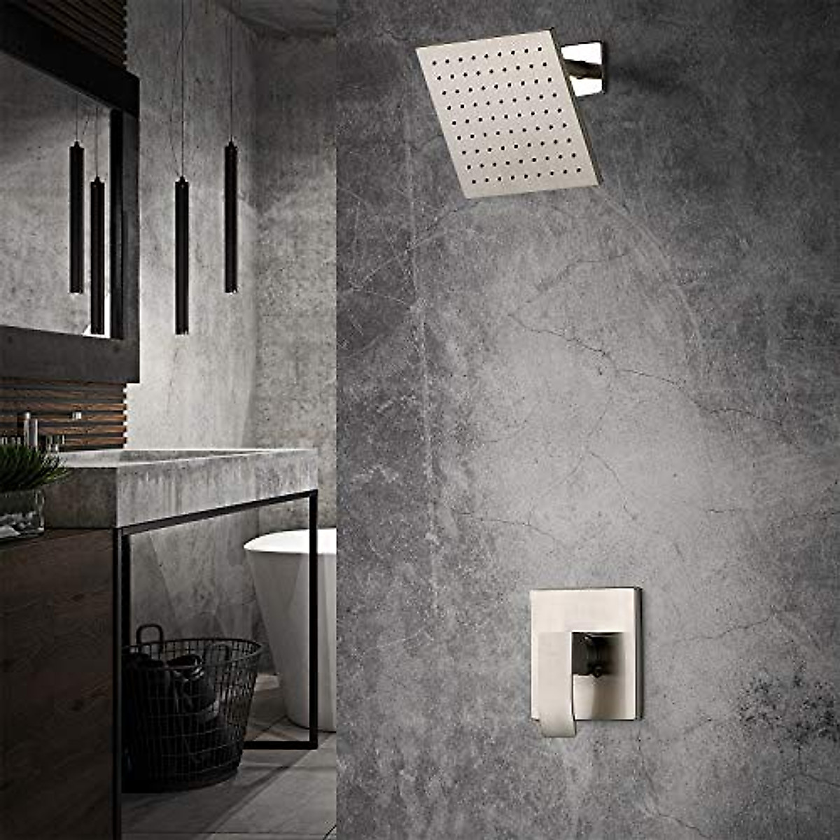 SOKA Shower Faucet Set with 8 Inch Rainfall Shower Head Bathroom Rainfall Shower System Single Function Shower Trim Kit with Rough-In Valve Pressure Balance Square Shower Head Brushed Nickel