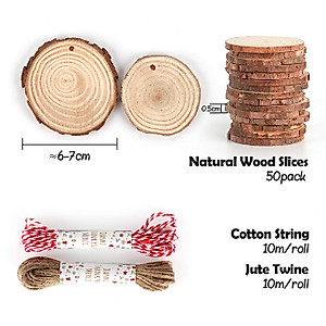 50Pcs Wood Slices 2.4"-2.8" Unfinished Natural Wood Rounds with Pre-drilled Hole and 66Feet Twine String, Wood Slices for Wood Burning Painting DIY Crafts Christmas Ornaments Party Wedding Decor