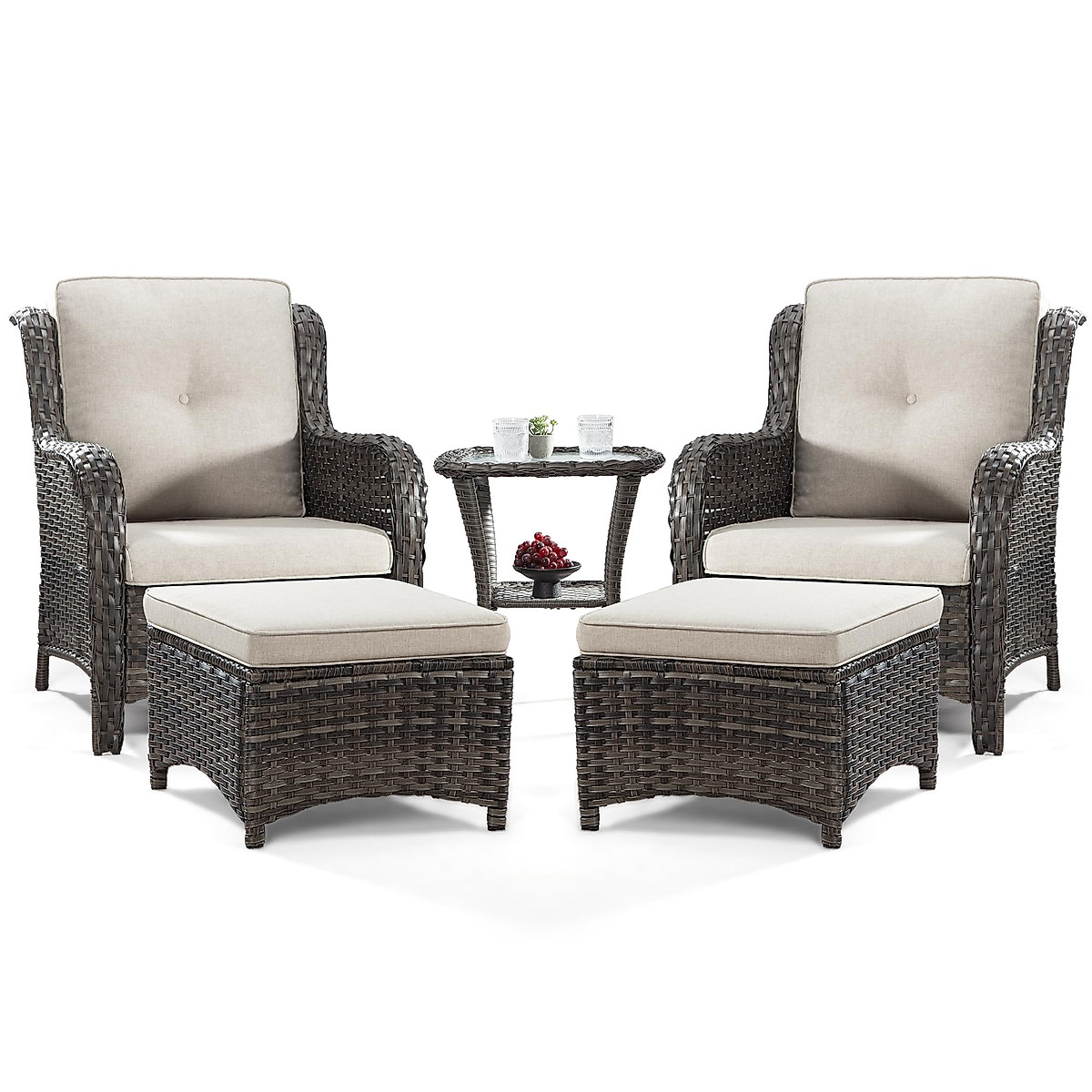 Gardenbee 5 Pieces Patio Conversation Set, Two Wicker Chairs, A Side Table and Two Ottomans with 3.5-inch Seat Cushions for Backyard, Balcony and Deck, Beige