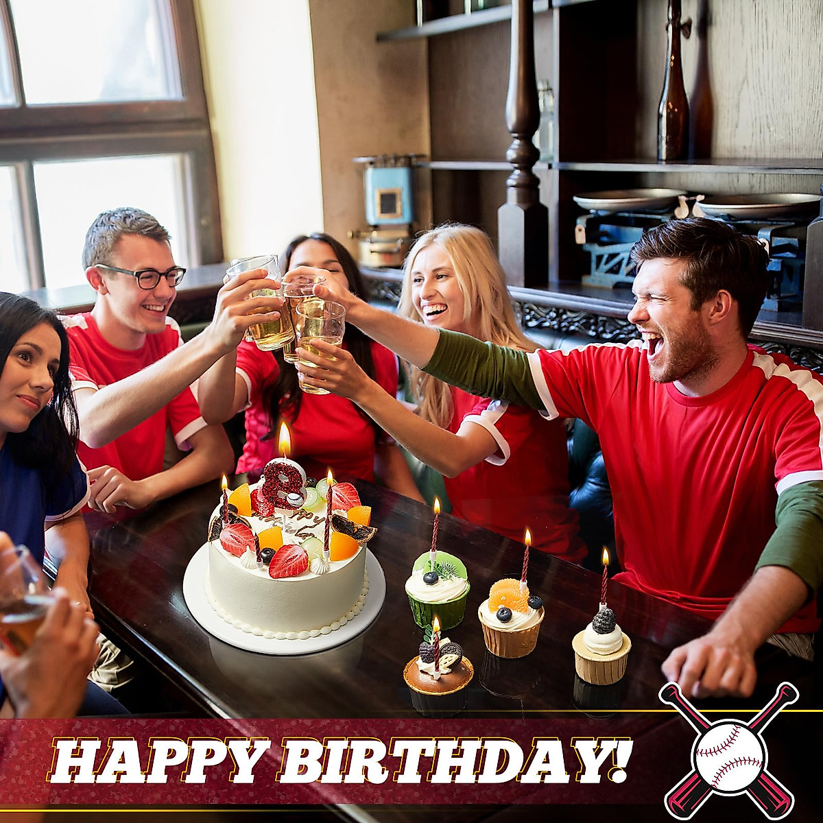 MTLEE Baseball Birthday Number 8 Candle with 10 Long Thin Cupcake Candle Red Baseball Cake Topper Sequins Sports Theme Baseball Birthday Decorations Party Cake Candles for Anniversary Celebrations