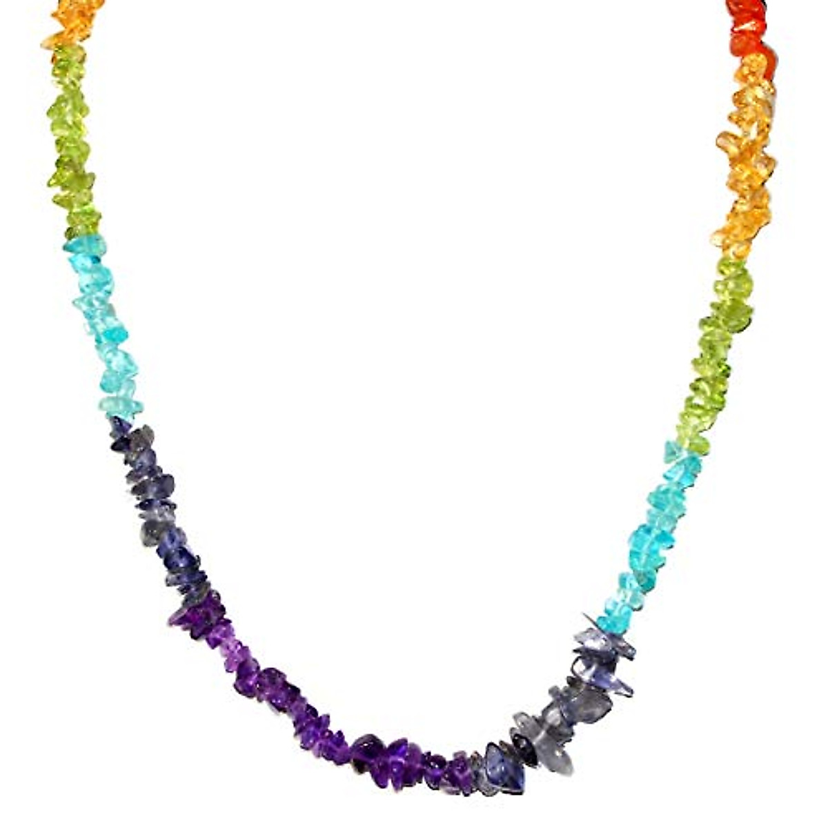 Zenergy Gems CHARGED 7 Chakra Necklace 18" Premium Tumble Polished Crystal Gemstone Chips Necklace (Amethyst, Iolite, Blue Apatite, Peridot, Citrine, Carnelian Agate, & Garnet) + Selenite Heart