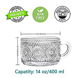 Amzcku Vintage Coffee Tea Cups, Glass Mugs 14 Oz Set of 2 Embossed Glassware with Handle, for Cappuccino, Latte, Cereal, Yogurt, Beverage Hot/Cold, Milk