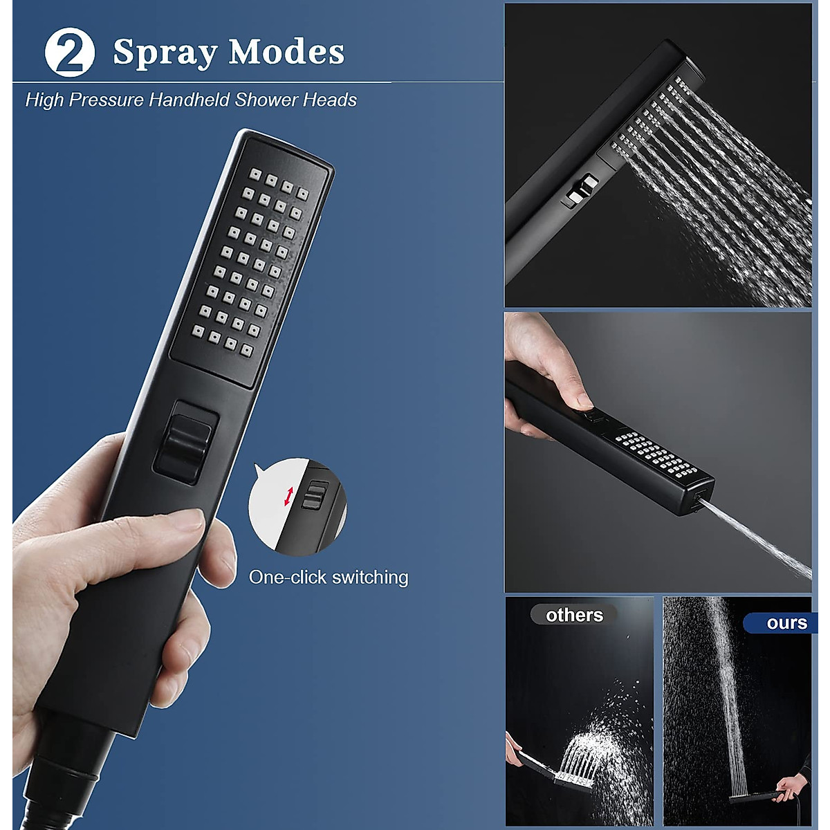 Shower Head, 8'' Matte Black Shower Head with hose, 2 in 1 Setting High Pressure Shower Heads, Anti-leak Rainfall Shower Head with Holder, Dual Rain Shower Head with Handheld Spray, Bellearlly