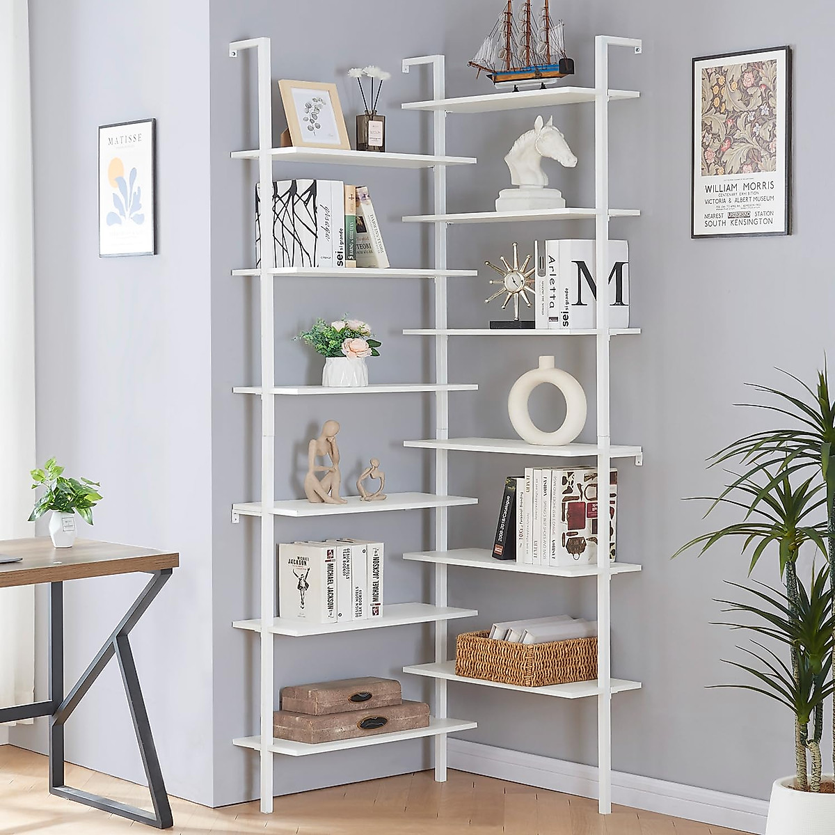HOMISSUE Corner Bookshelf,12-Tier L Shaped Bookshelf, Double Wide Corner Wall Mount Bookcase with Metal Frame and Wood,Modern Industrial Corner Shelf for Living Room, Kitchen, Home Office White