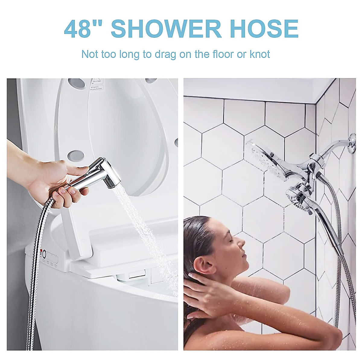OFFO Shower Hose, 48 Inch Bidet Hose High Pressure Explosion Proof Toilet Hose for Bidet Sprayer Stainless Steel Electroplating Handheld Shower Hose Flex Hoses with Woven Inner Tube, Chrome