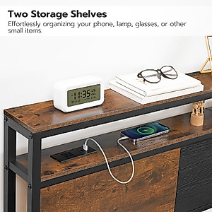 HOOBRO Queen Size Headboard, LED Headboard with 2 Storage Shelves, Storage Rack with 2 Outlets and 4 USB Ports, Adjustable Height, Sturdy and Stable, Easy Assembly, Rustic Brown and Black