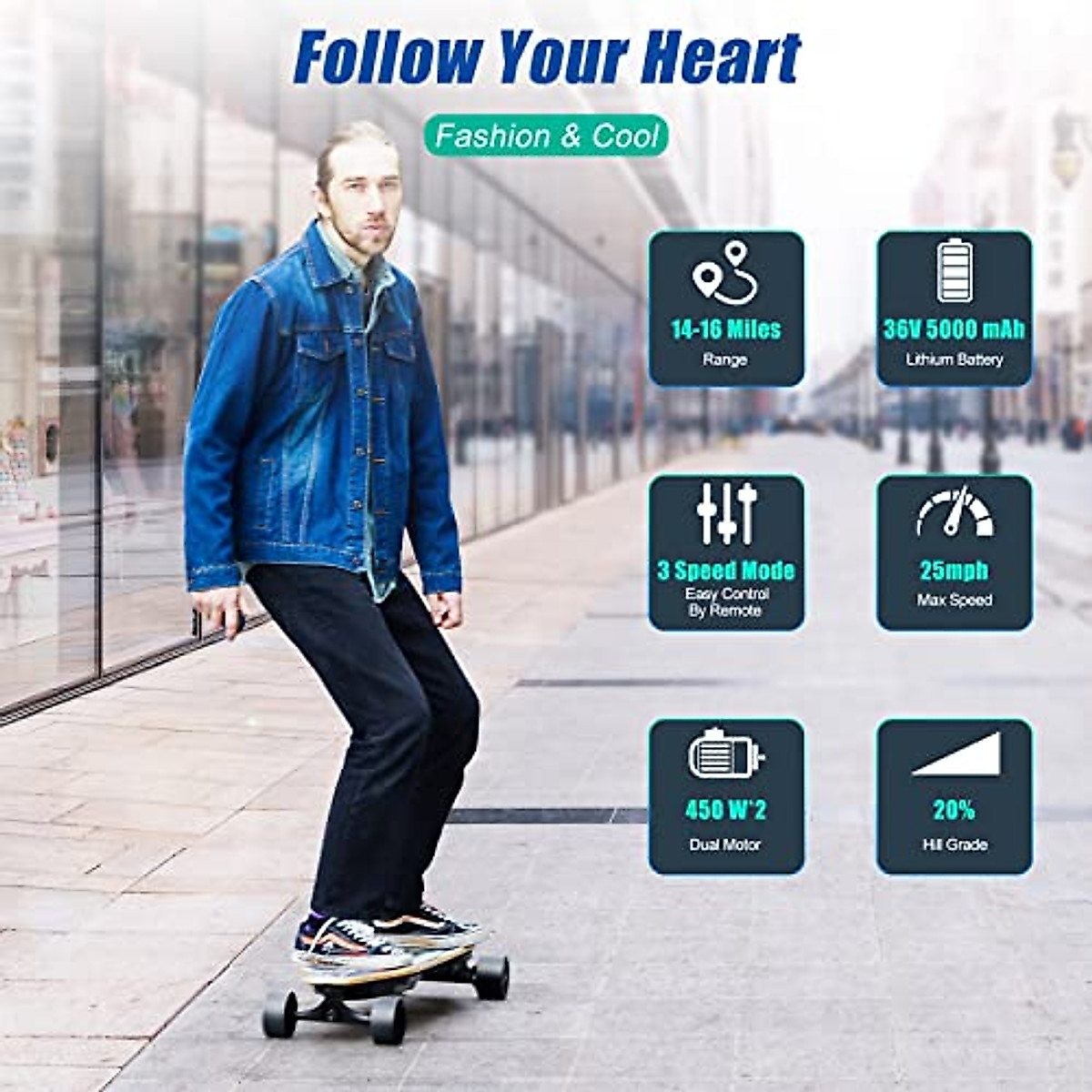 Caroma 900W Electric Skateboards with Remote, 28 MPH Top Speed E Skateboard, 16 Miles Range, 330 lbs Max Load, 12 Months Warranty, Electric Longboard for Adults Teens