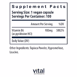 Vital Nutrients Vitamin B6 | Vegan Methylated B6 Vitamins for Nervous System, Muscle, Bone Health* | High-Potency Vitamin B6 for Menstrual Discomfort * | Gluten, Dairy, Soy Free | 100 Capsules