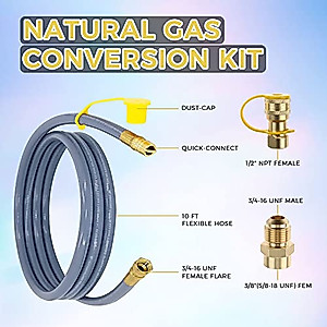 710-0003 Natural Gas Conversion Kit, Hose and Regulator, 10 Feet 1/2 Inch ID Natural Gas Hose with Quick Connect Fittings Compatible with Kitchen-aid, Convert Propane to Natural Gas