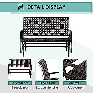 Outsunny 2-Person Outdoor Wicker Glider Bench, Patio Garden PE Rattan Swing Loveseat Chair with Extra Wide Seat and Curved Backrest for Porch, Backyard, Poolside, or Lawn, Dark Grey