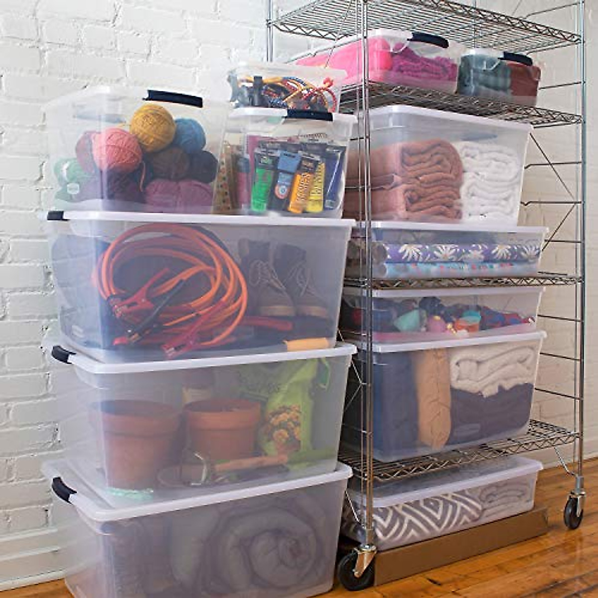 Rubbermaid Cleverstore Home Office Organization (6) 30 Qt & (12) 6 Qt Latching Stackable Plastic Storage Tote Container with Lid, Clear