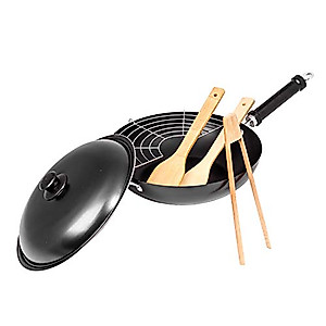 Imperial Home Carbon Steel Wok Frying Pan Set for Stir Fry & Everyday Cooking, Nonstick, Kitchen Cookware with Heat Resistant Handle, For All Stove Types, Includes Lid, Grill, Spatula, Spoon & Tongs