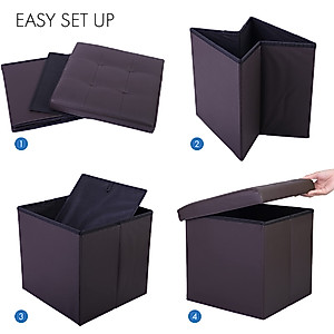 LotFancy Storage Ottoman Cube, Brown Foot Stool Ottoman,13x12x12 inch Square Ottoman with Lid, Faux Leather Seat for Dorm