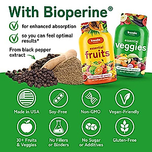 Kwala Nutrition Fruit and Vegetable Supplements to Boost Energy Balance - Premium Whole Food Fruits and Veggies from Nature - 90 Fruit, 90 Veggie Capsules - Vitamins, Soy Free, Made in USA - Pack of 2