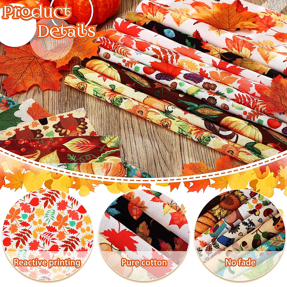 Frienda 20 Pcs Fall Fabric Squares Thanksgiving Autumn Patchwork Fabrics Fat Quarters Fall Fabric Bundles Maple Leaf Turkey Square Fabric for Fall Sewing DIY Crafts