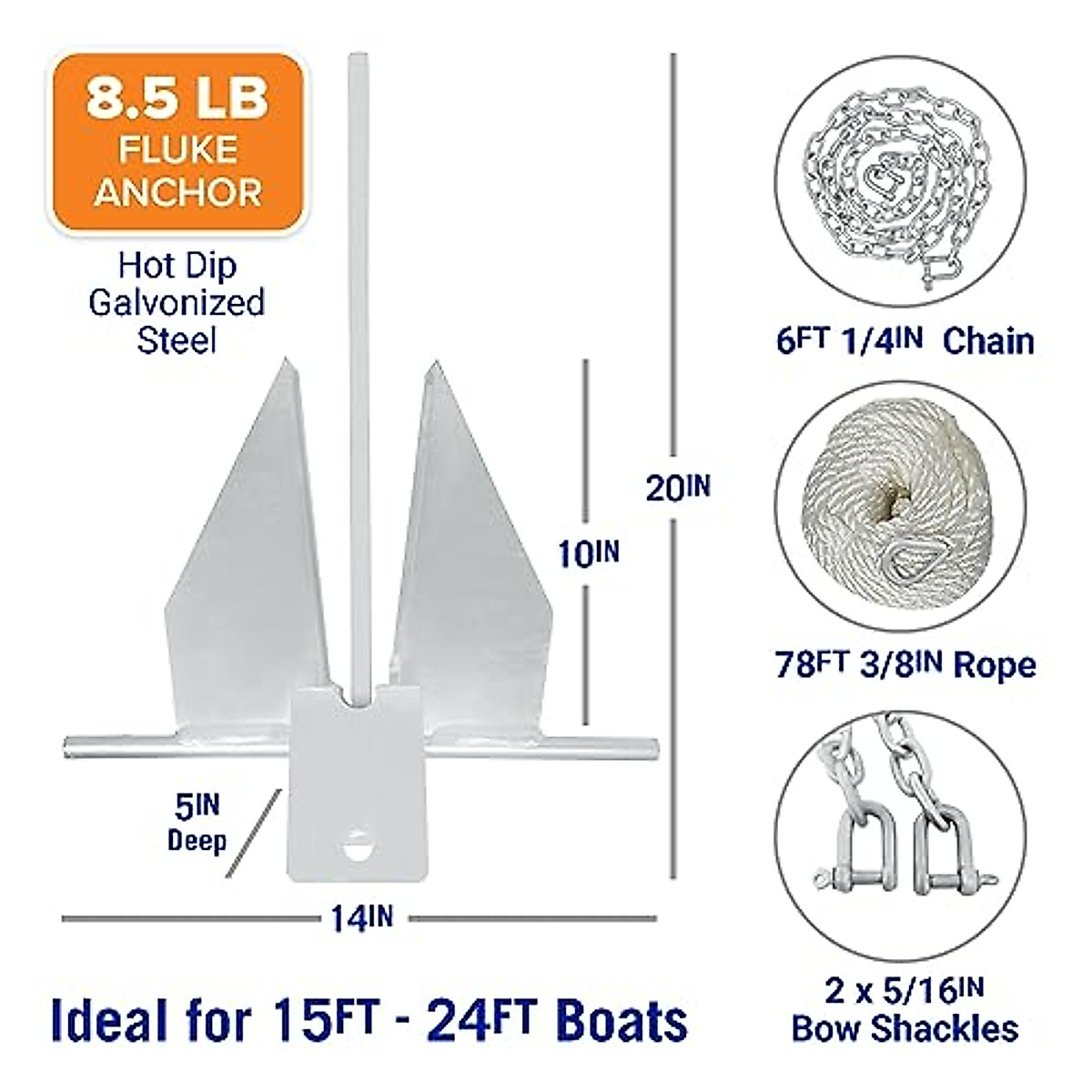 8.5lb Heavy Boat Anchor Kit Fluke Anchor with Anchor Chain and Boat Anchor Rope Set for 15-25' Foot Including Boat Anchors for 18' and 21' Boats Pontoon, Deck, Fishing, and Sail 75FT Rope