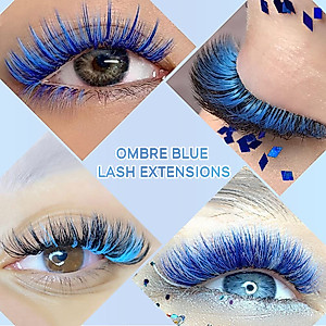 Colored Lash Extensions 0.07 D Durl 14mm Ombre Blue Lash Extensions 14mm-16mm Easy Fan Volume Lash Extensions C/D Curl Color Lashes Extension Ombre Colored Lashes Extensions (Blue 0.07D 14)