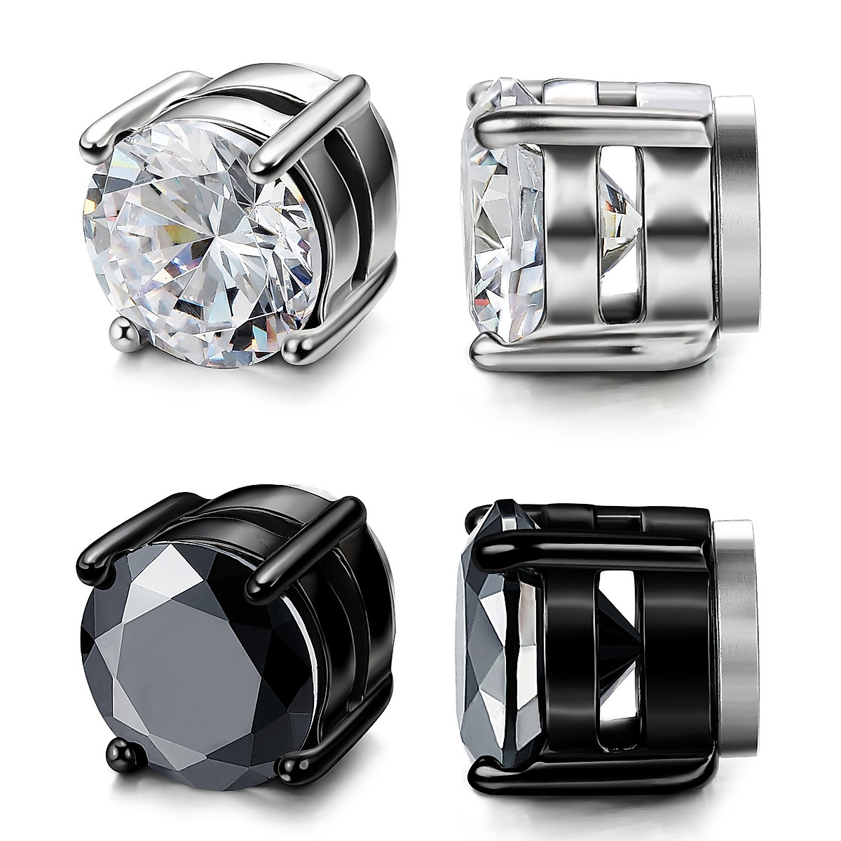 LOYALLOOK Stainless Steel Stud Earrings for Men Women Unisex Cubic Zirconia Inlaid 2 Pairs 8MM