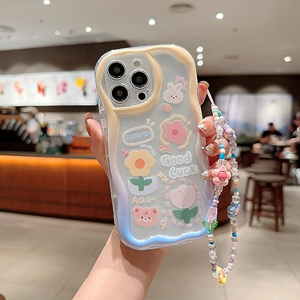 ZSYTZL Compatible with iPhone 13 Pro Max Case Cute Clear Floral Pattern for Design Aesthetic Women Teen Girls with Flower Colorful Bracelet Chain Kawaii Protective Phone Case for iPhone 13 Pro Max