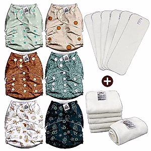 Mama Koala 2.0 Baby Cloth Diapers with 6 Inserts Bundle(Seashore), with 5-Layer Bamboo(No Microfiber) Inserts, 6pcs