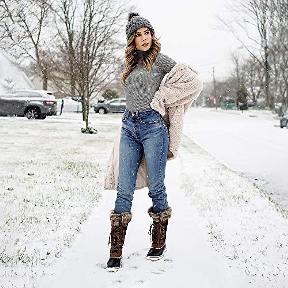 ALEADER Winter Boots for Women, Fashion Waterproof Snow Boots Cold Weather Shoes Black/Brown 10 D(M) US