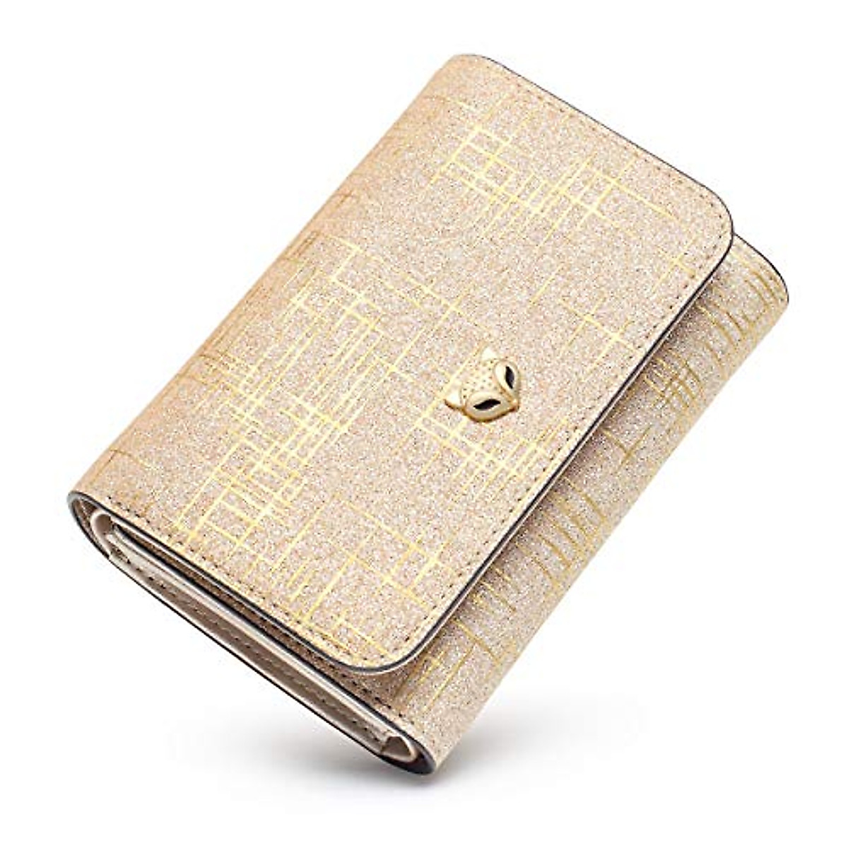 FOXER Small Leather Trifold Wallets for Women, Glett Materials Gift Box Packing Shiny Ladies Mini Purses with ID Window Women's Credit Card Holders Elegant Card Wallets (Gold)